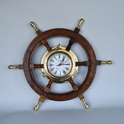 Vintage Ship Wheel Wall Clock Nautical Brass and Wood